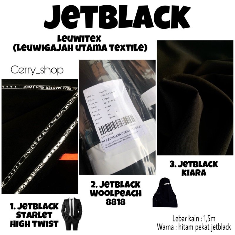 Jual 1/2 m kain jetblack high twis hitam pekat leuwitex woolpeach wool ...