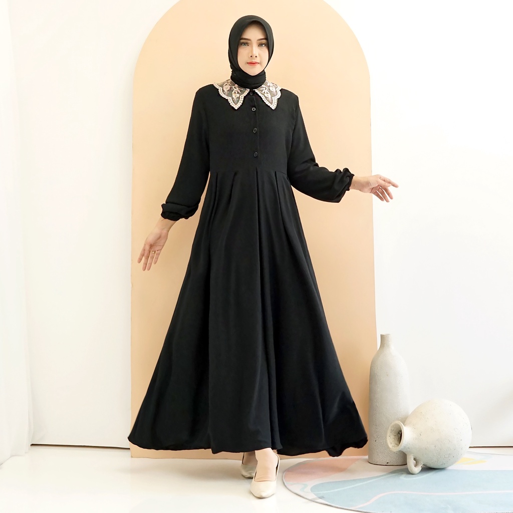 Jual FLASH SALE GAMIS SALSABILA CRINKLE PREMIUM KERAH RENDA EMAS BORDIR ...