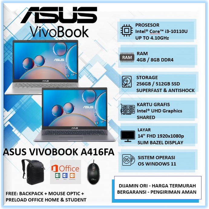 Jual Laptop Asus Vivobook A416FA Intel Core i3 10110U Ram 4GB SSD 512GB ...