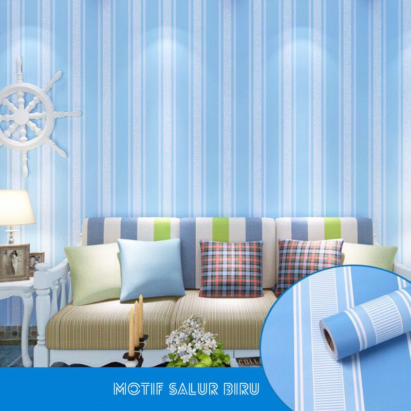 Jual Wallpaper Dinding Kamar Tidur Sticker Walpaper Stiker Dekorasi Rumah Motif Salur Biru Wps ...