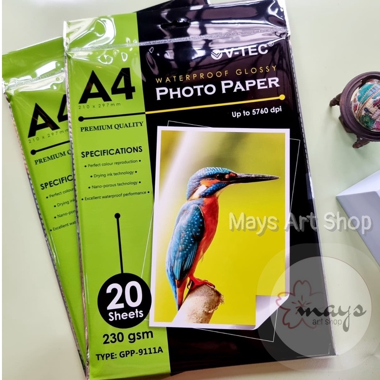 Jual Photo Paper Glossy A4 230 gsm V-Tec 1 pak / Kertas Foto Vtec 230gsm Waterproof 1 pack isi ...