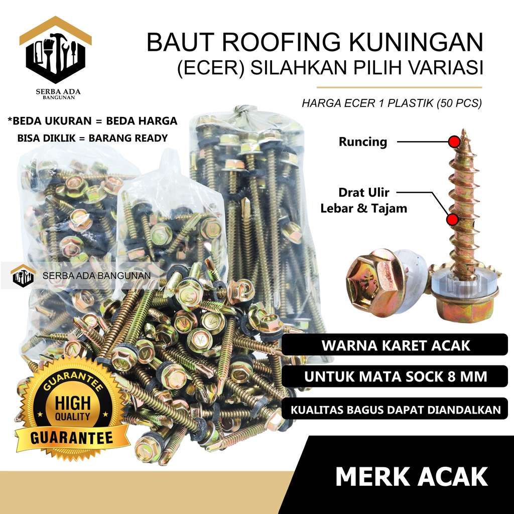 Jual (50 PCS) Skrup Baut Roofing Kuning Ecer 12 x 30 50 70 MURAH / Self ...