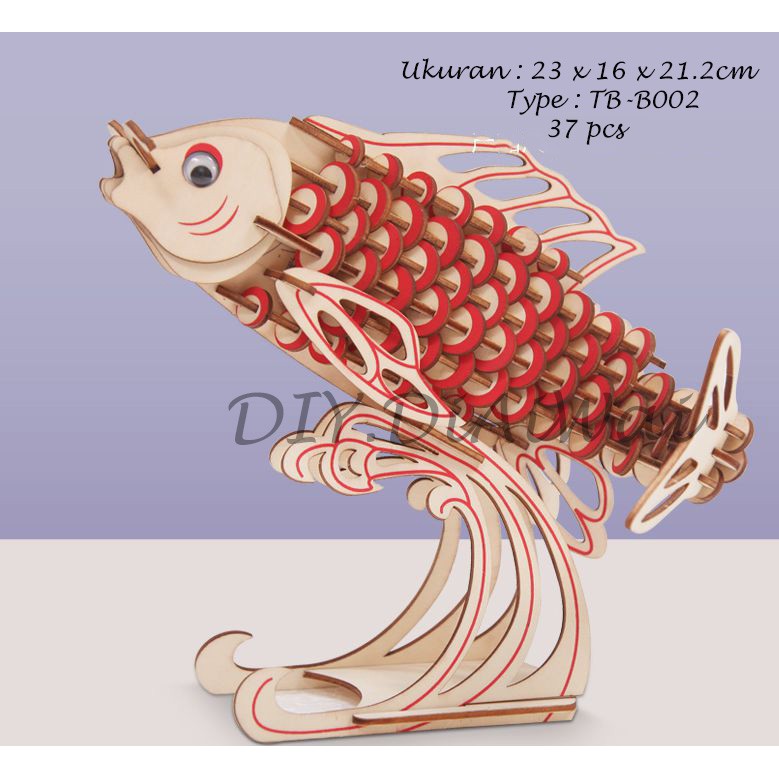 Jual Puzzle 3D DIY bahan kayu model Ikan Karper / Fish mainan puzzle ...