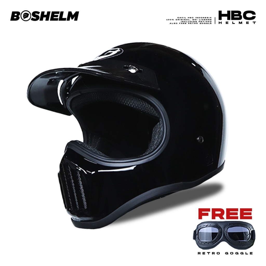 Jual BOSHELM Helm Cakil HBC HITAM GLOSSY Helm Retro Full Face SNI ...
