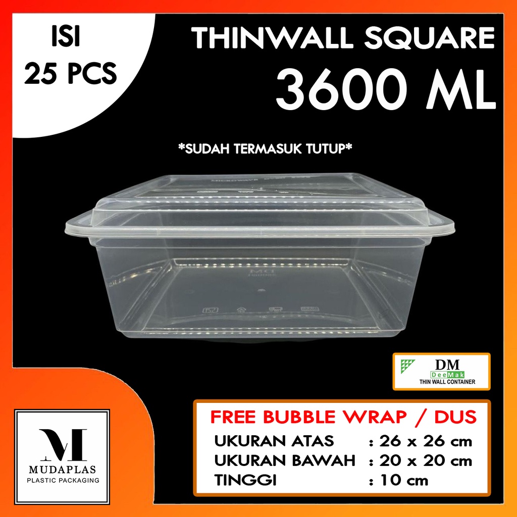 Jual Kotak Makan Plastik 3600 ml Square Thinwall Container DM Isi 25 pcs | Shopee Indonesia