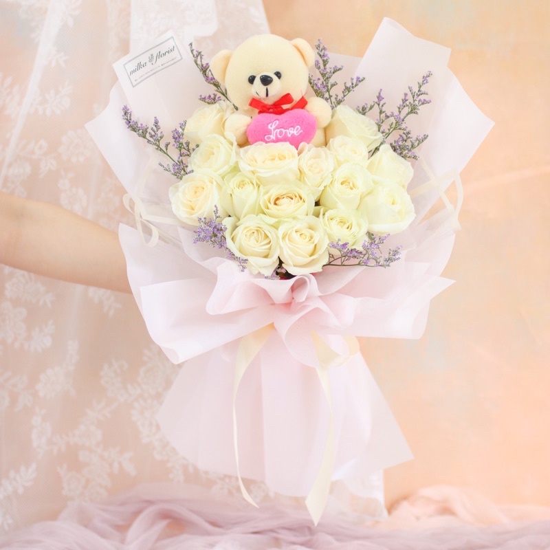 Jual Teddy Love Rose Bouquet White Putih 15 Stem - Buket Bunga Mawar ...