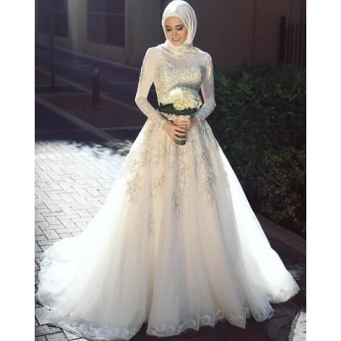 Jual Gaun Pengantin Muslim Arab Putih Custom Made Lengan Panjang Putih ...