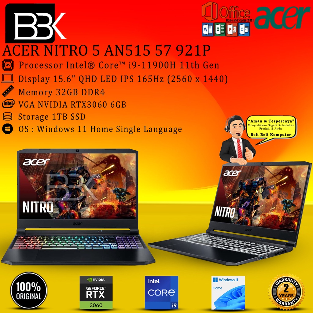 Jual ACER NITRO 5 AN515 57 921P - I9 11900H 32GB 1TB RTX3060 6GB 15.6QHD | Shopee Indonesia