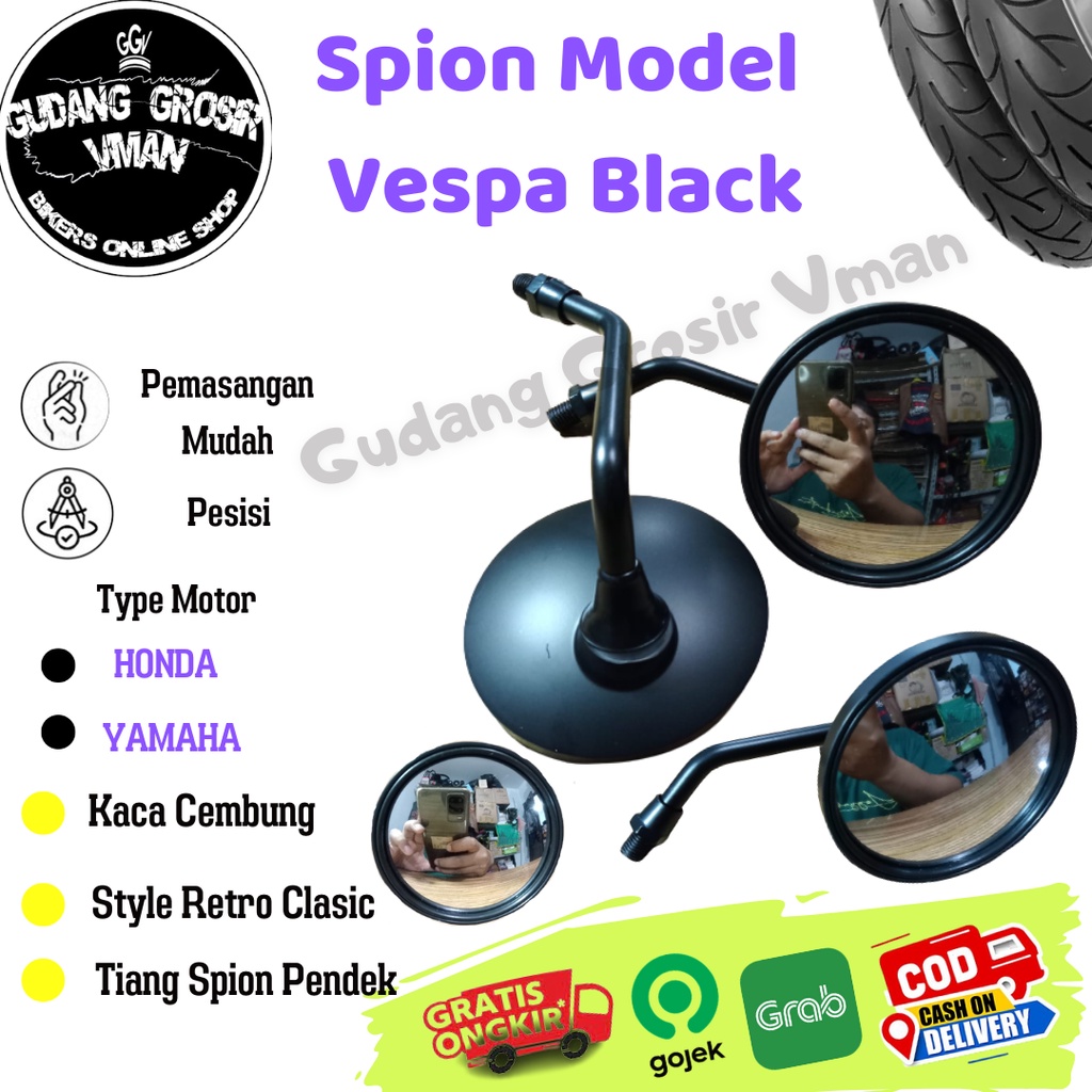 Jual Spion Bulat Model Vespa Special Black Tiang Pendek Kaca Cembung ...