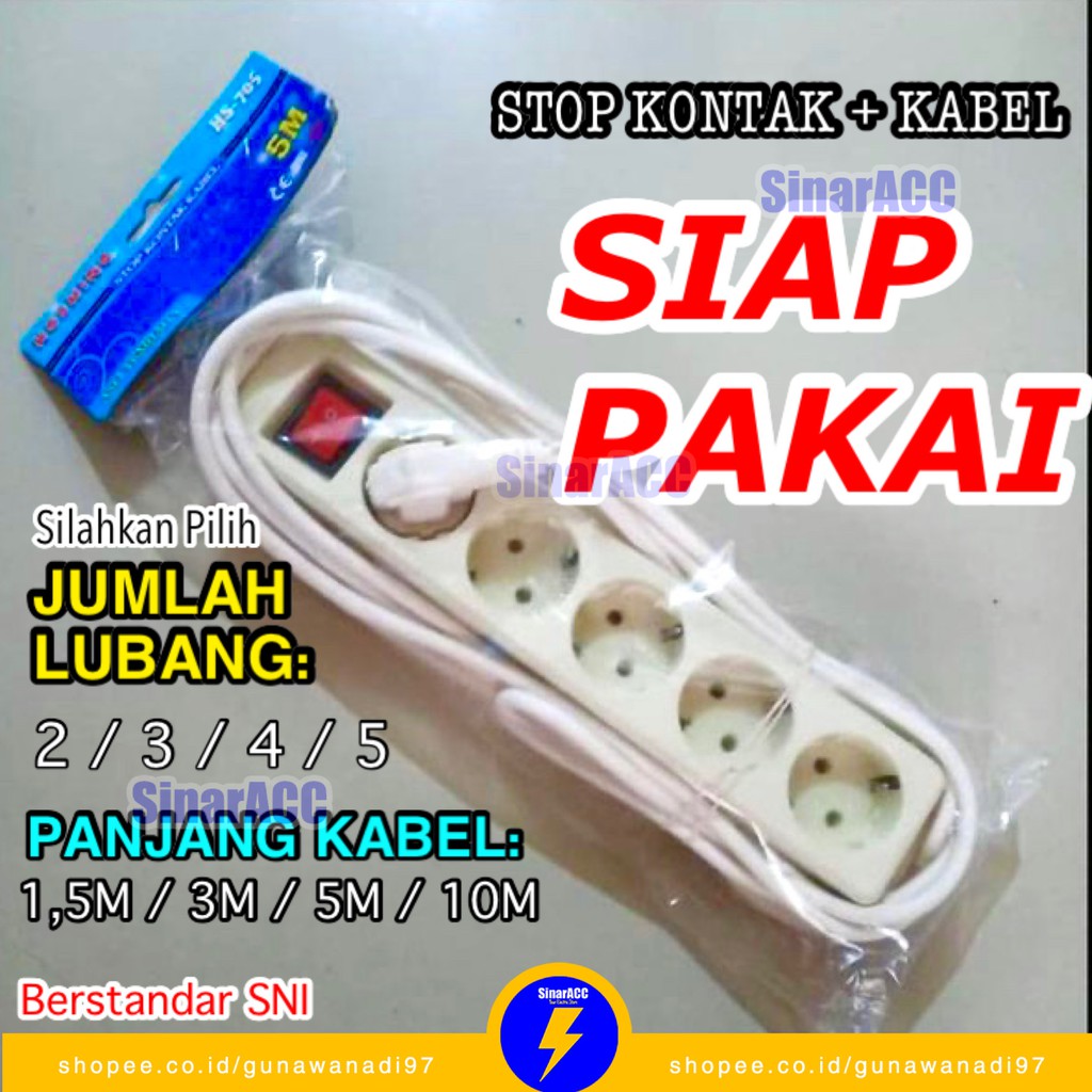 Jual Stop Kontak 2 3 4 5 Lubang + Kabel Panjang 1,5 3 5 Meter STOPKONTAK KABEL colokan listrik 1 ...