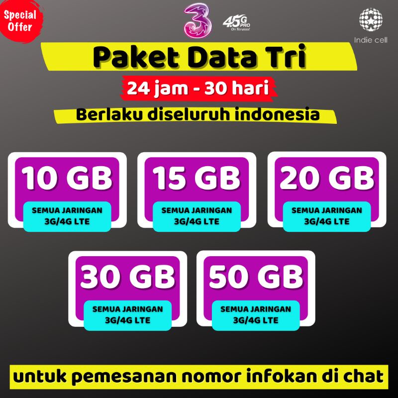 Jual PAKET DATA TRI 10GB/15GB/20GB/30GB/50GB NASIONAL 24 JAM 30 HARI | Shopee Indonesia