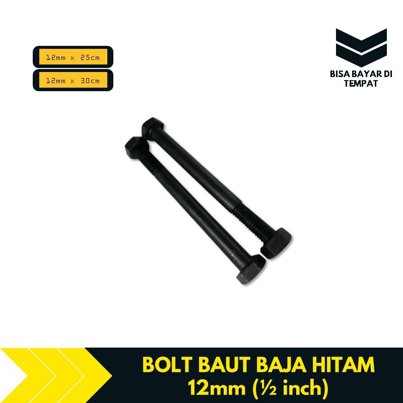 Jual Baut Mur Hitam Baja Diameter 12mm 1/2 Inch Kunci 19 Panjang 25 30 ...