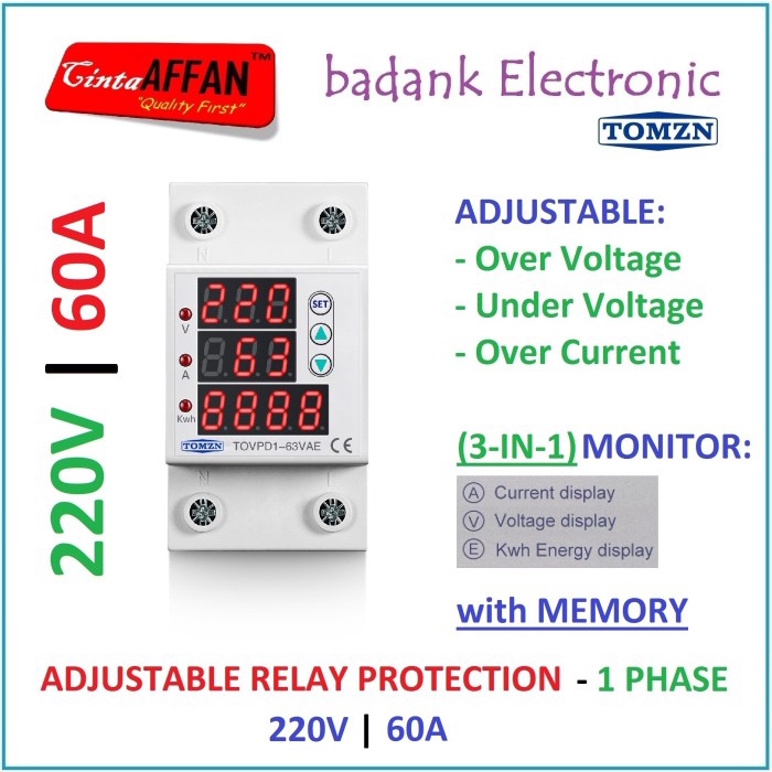 Jual AC PROTECTOR 220V 60A Over Under VOLTAGE Over CURRENT 3-IN-1 MONITOR | Shopee Indonesia
