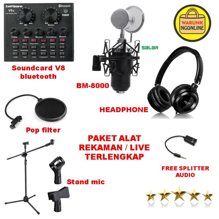 Jual Paket alat rekaman/live/karaoke mic bm-8000 stand mic soundcard v8 ...