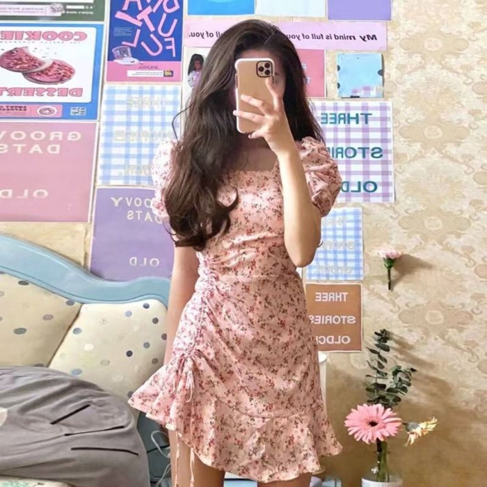 Jual Miu Mini dress Gaun Pendek Serut Korean Style Pink Floral Motif ...