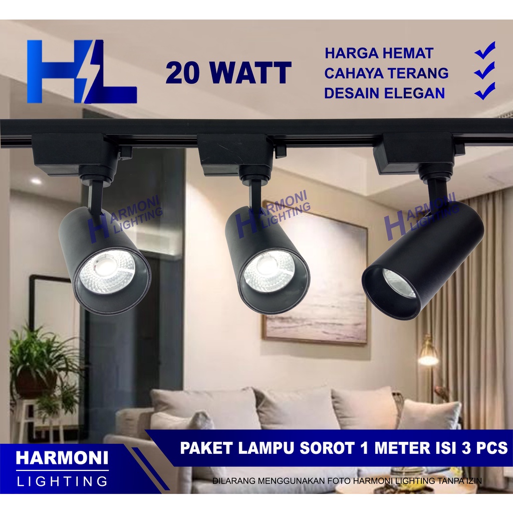Jual Paket Lampu Sorot Plafon Rel 1 Set isi 3 Track Light Rell LED Spotlight 20W 20 Watt ...