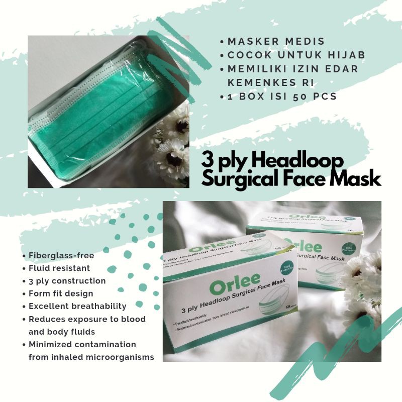 Jual Masker Medis Orlee Hijab Headloop 3 ply 50 pcs Original ada Izin ...
