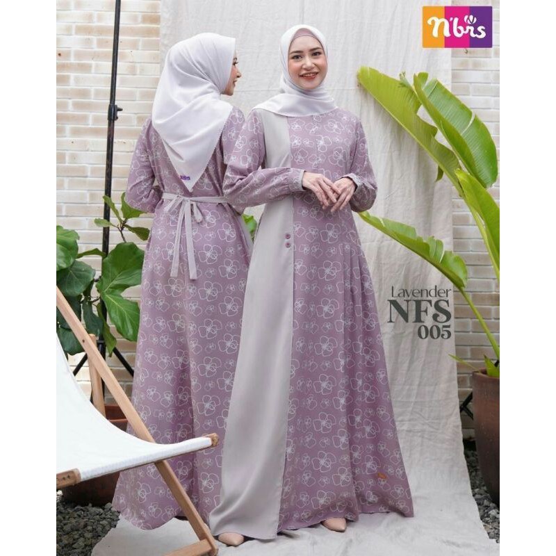 Jual Gamis Nibras NFS 005 Warna Ungu Lavender Baju Pesta Syari Cantik Branded Elegan Motif Bunga ...