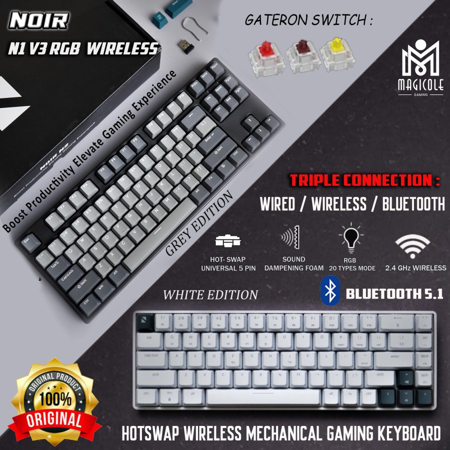 Jual Noir N1 V3 65% Hotswap Wireless Bluetooth Mechanical Keyboard ...
