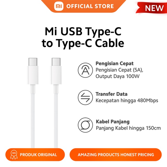 Jual Xiaomi Mi USB Type-C to Type-C Cable 150cm Mendukung Arus 5A ...