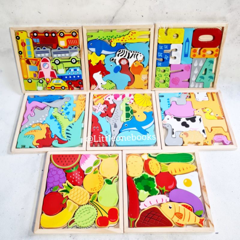 Jual chunky wooden puzzle / puzzle kayu / puzzle makanan transport dino ...