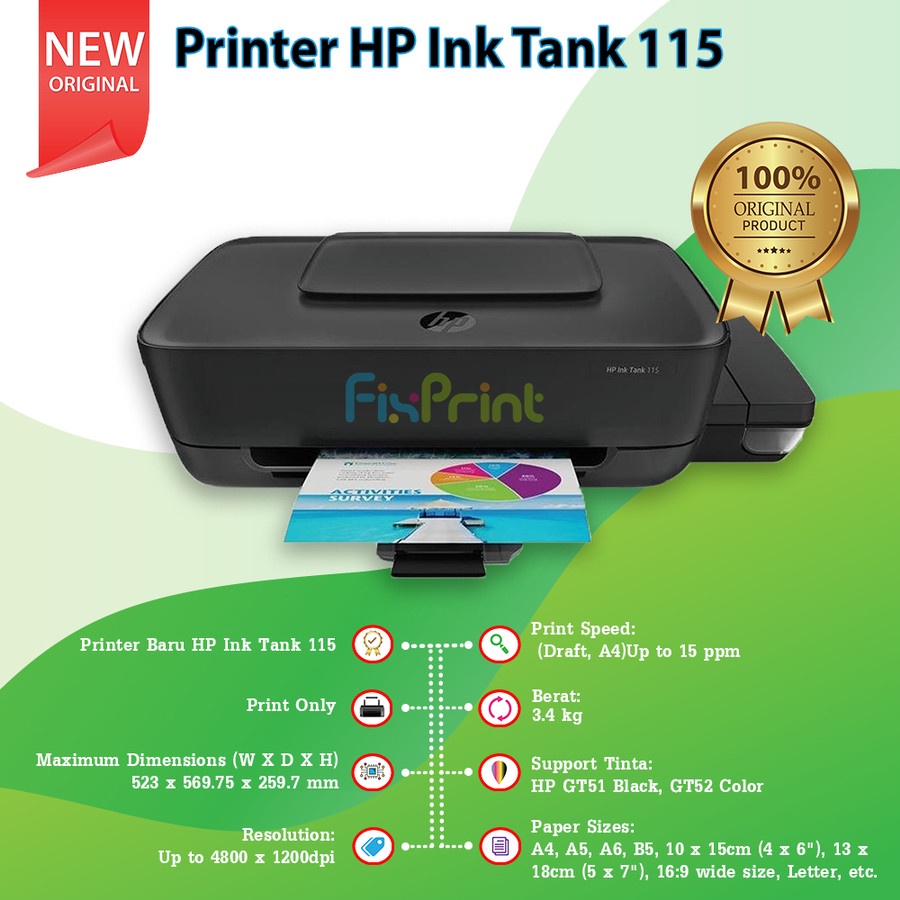 Jual Printer Ink Tank Inktank HP 115 Infus With Tinta GT51 / GT53 Black GT52 Color Print Only A4 ...