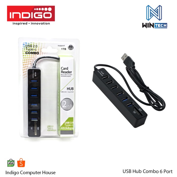 Jual Hub Combo 6 Port / USB Hub 6 Port 2 in 1 Combo Card Reader SD/TF ...