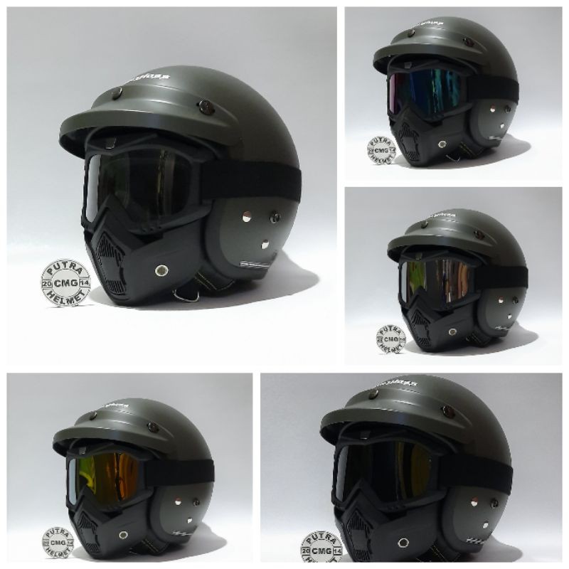 Jual PAKET HELM CARGLOSS CFM RETRO GOOGLE MASK GREEN ARMY DOFF HIJAU ...