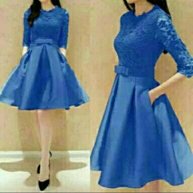 Jual Dress Midi Brukat/Brokat/Lace Biru Benhur Simple Glamour Elegant ...