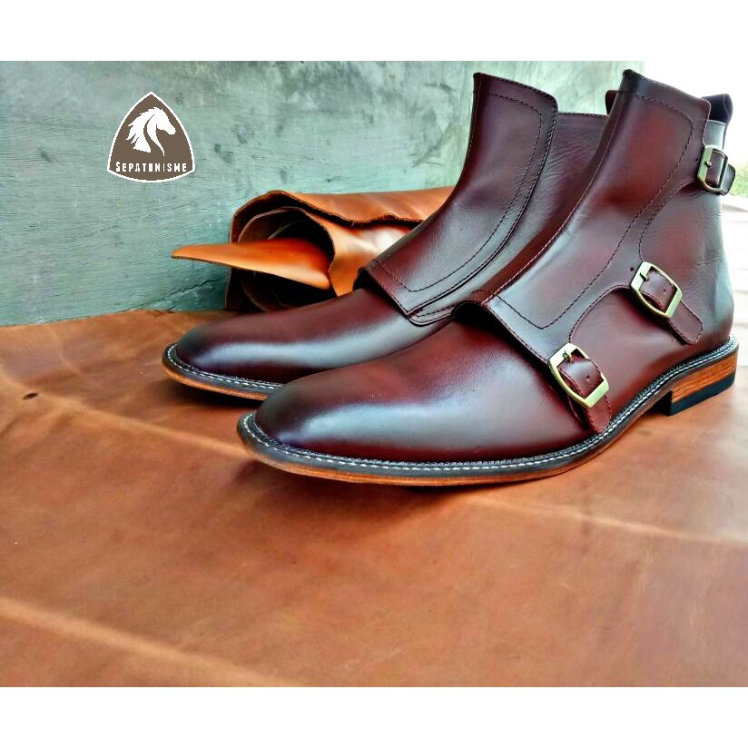 Jual Sepatu Boots Kulit Asli Monk Strap warna Maroon | Pre Order ...