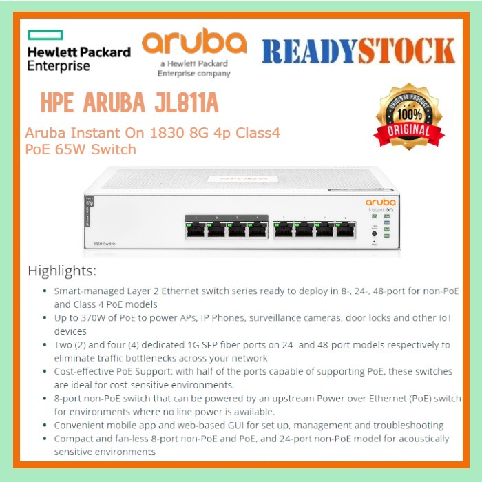 Jual HPE Aruba JL811A Instant On 1830 8G 4p Class4 PoE 65W Switch ...