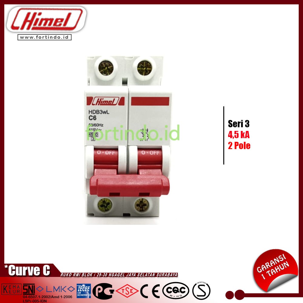 Jual MCB HDB3WL2 4.5kA 2POLE 6A/10A/16A/20A/25A/32A/40A Miniature Circuit Breakers HIMEL Garansi ...