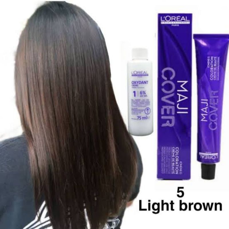 Jual L'oreal cat rambut majicover no 5 light brown dan oxidant maji ...