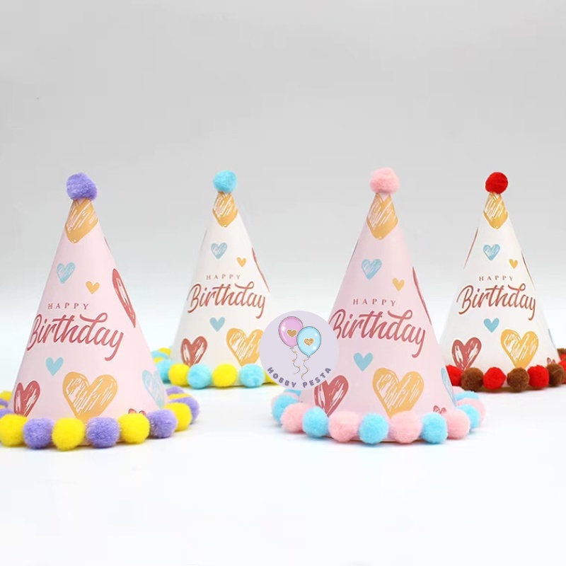 Jual TOPI ULANG TAHUN KERUCUT HBD LOVE POMPOM / TOPI ULTAH / TOPI PESTA ...