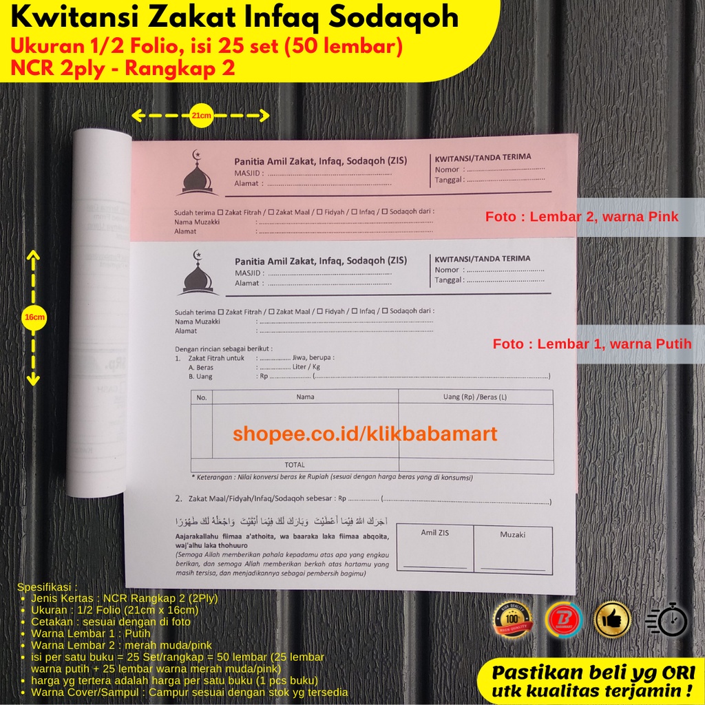Jual KWITANSI ZAKAT FITRAH INFAQ SODAQOH FIDYAH ZAKAT MAL 1/2 FOLIO ...