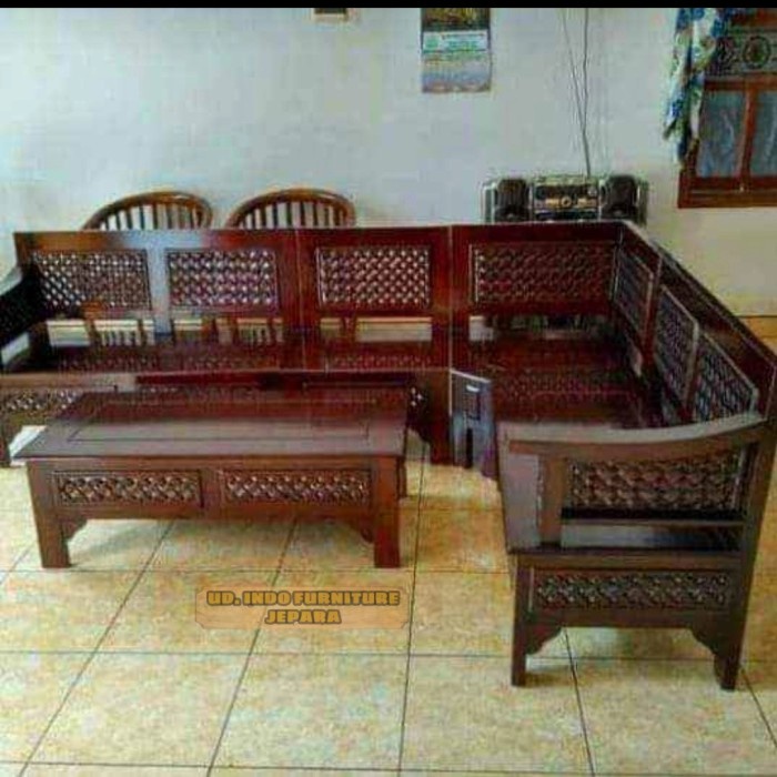 Jual meja kursi tamu sudut model anyaman kayu jati Jepara | Shopee ...