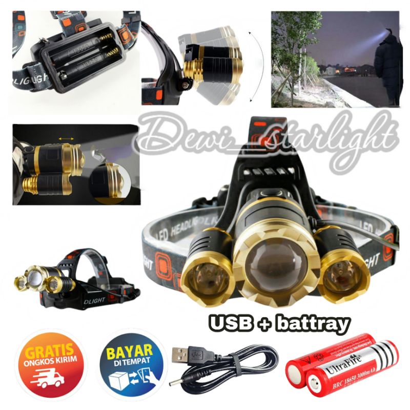 Jual Senter kepala/Headlamp Cree XM-L 3T6 10000 Lumens - Golden/senter ...