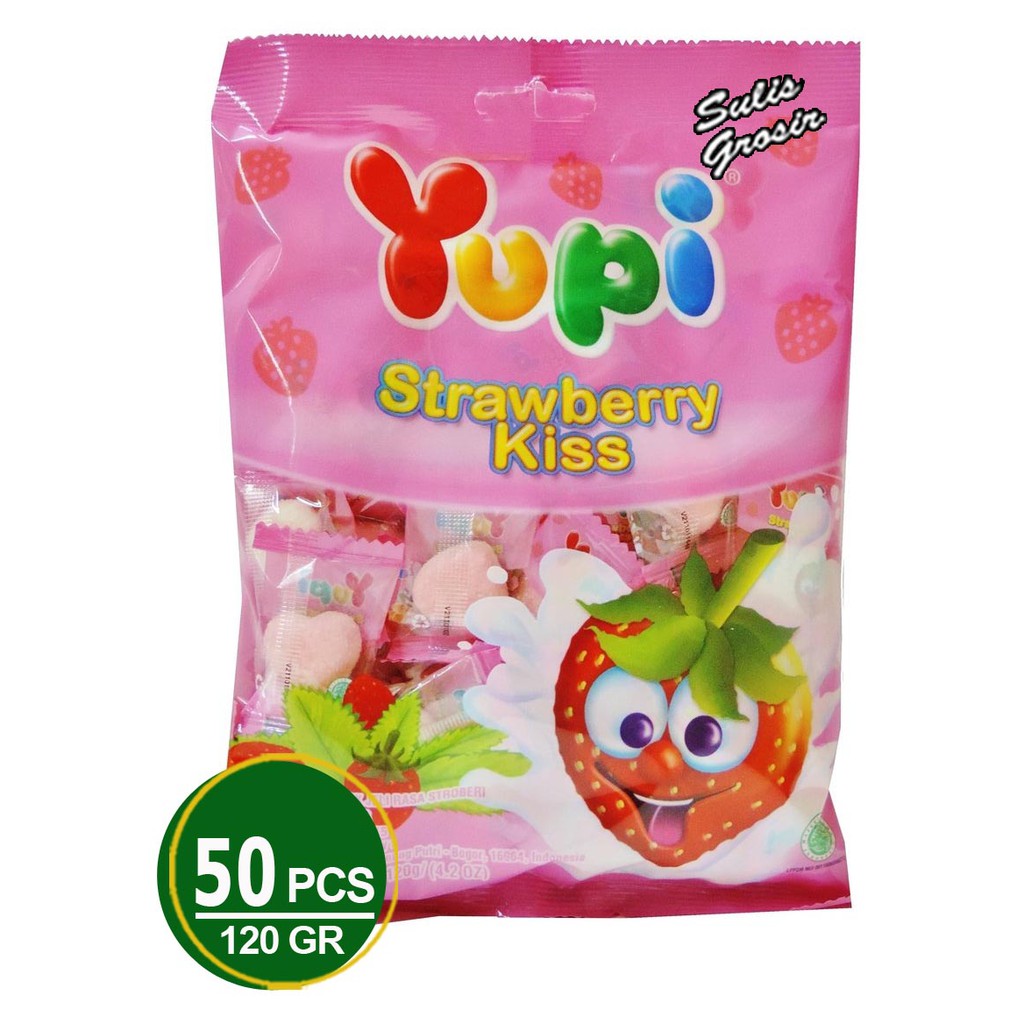 Jual Permen Yupi Strawberry Kiss Kemasan Bag Isi 50 pcs Netto 120 gr | Shopee Indonesia