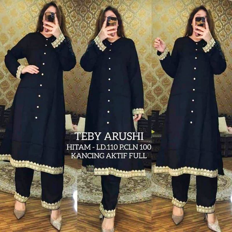 Jual Teby Arushi - One Set Tunik Renda Arab Rayon Viscose Lengan Panjang Setelan Wanita Kekinian ...