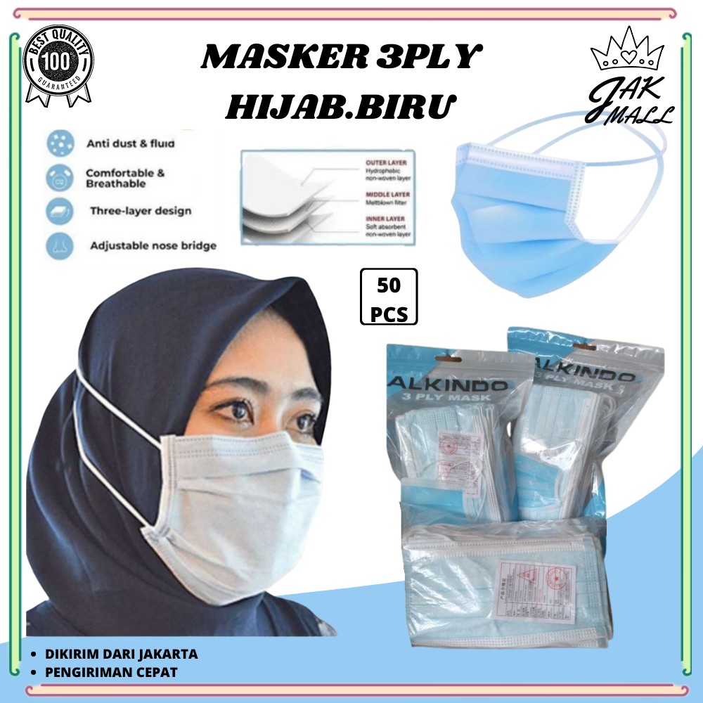 Jual Masker 3ply Headloop Biru 3 ply Masker Hijab disposable mask ...