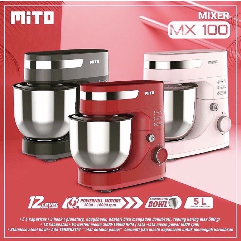 Jual Mixer stand Mito MX-100 mangkuk stainless steel 5 Liter | Shopee ...
