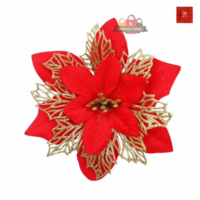 Jual Bunga Natal Merah Kombinasi Emas Hiasan Parcel Dekorasi Pohon ...