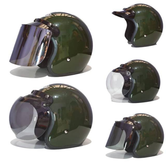 Jual Helm JPN Retro clasik hijau Army Gloss set kaca datar kaca cembung ...