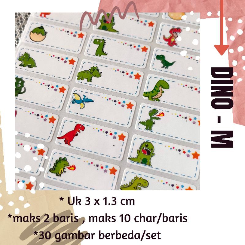 Jual STICKER LABEL NAMA ANTI AIR - MOTIF DINOSAURS / WATERPROOF NAME ...