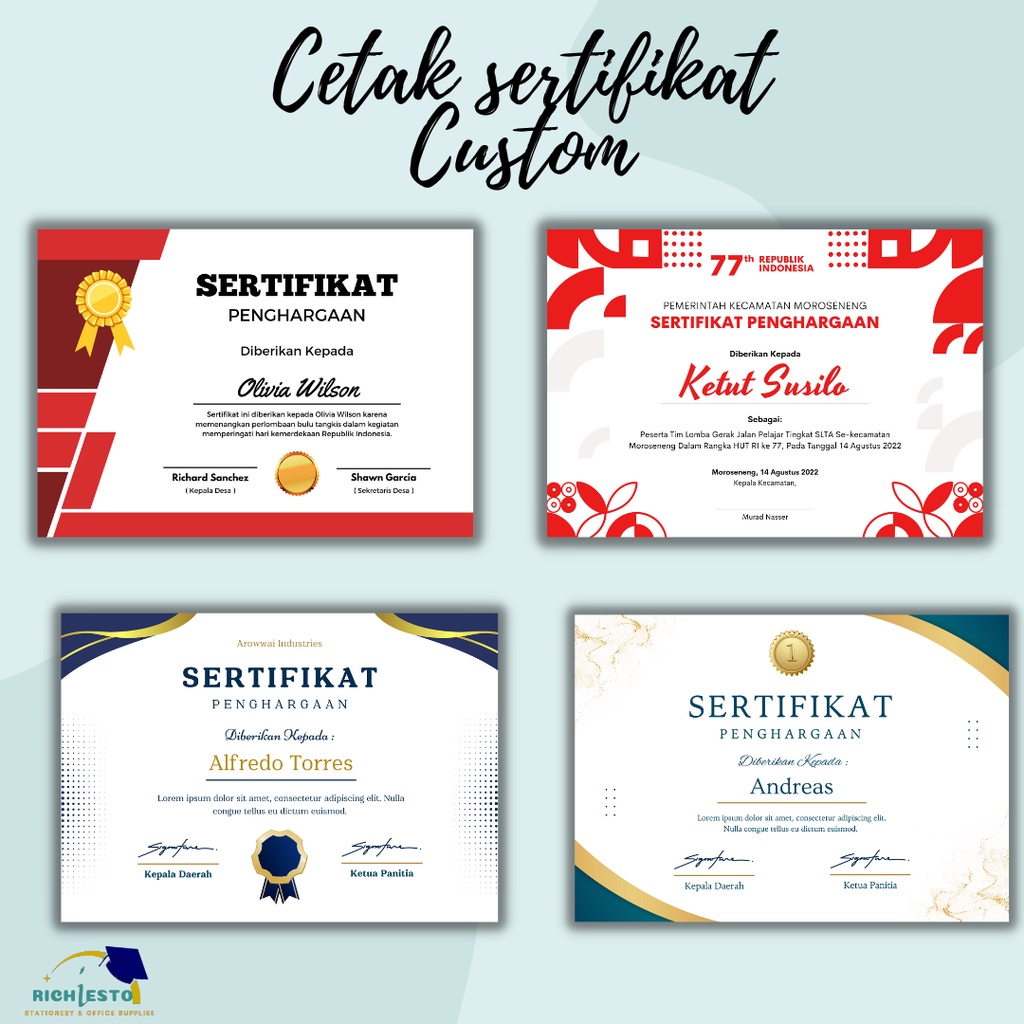Jual Cetak Sertifikat/Piagam Ukuran A4/Custom/Cetak Piagam Penghargaan ...