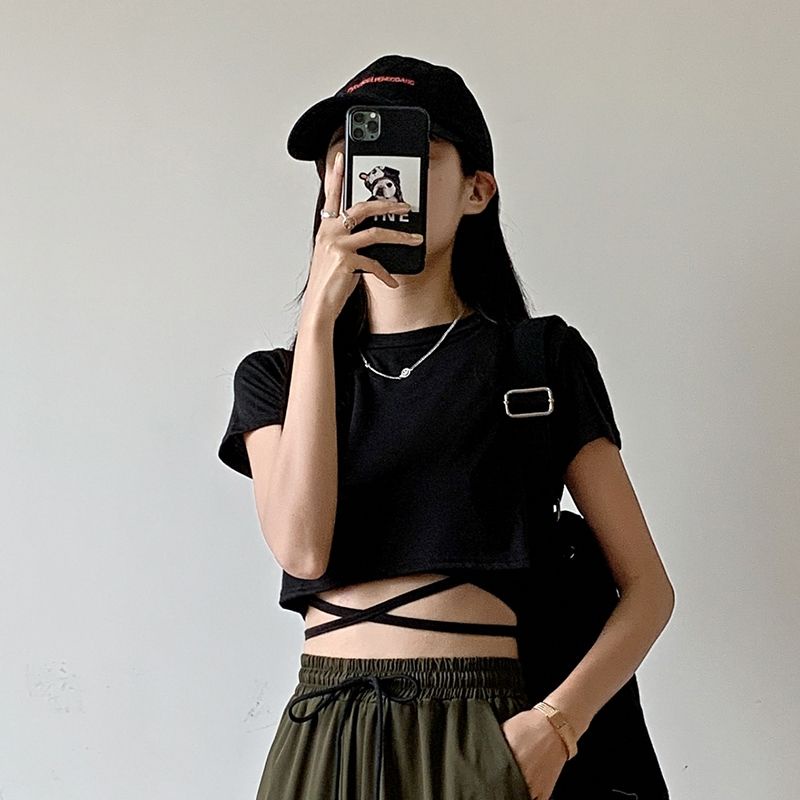 Jual String round Neck Ribbed Crop Top Silang Perut Korean Style Atasan ...