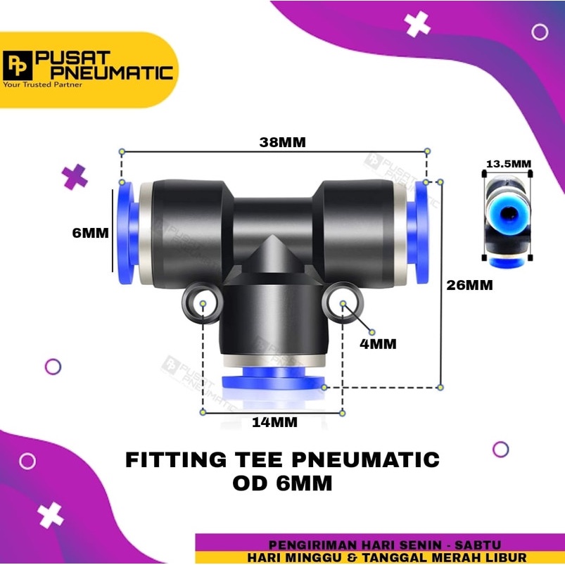 Jual FITTING TEE 6MM FITTING TEE PNEUMATIC UKURAN SELANG 6MM X 6MM X ...