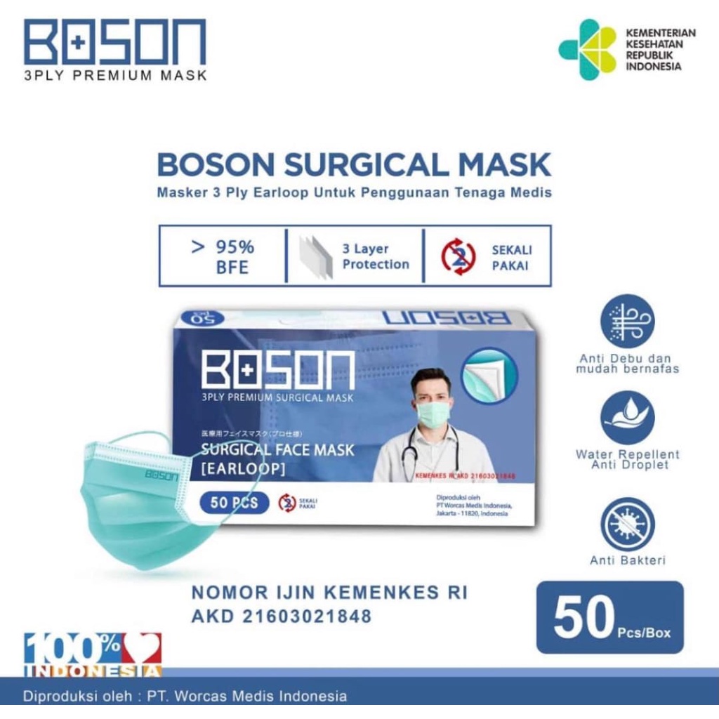 Jual BOSON Masker Surgical Mask Earloop 3 Ply - Masker Medis isi 50 Pcs ...