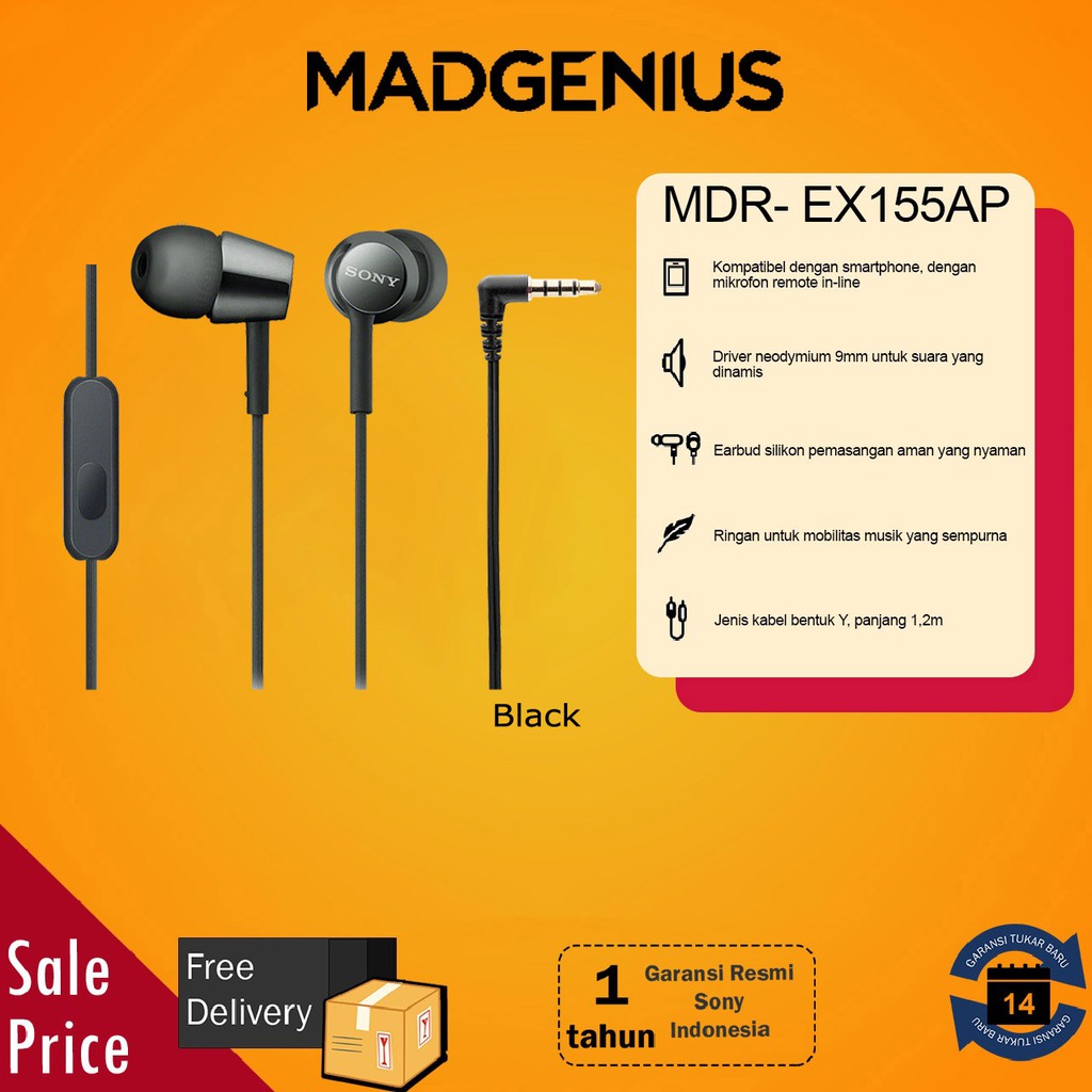 Jual Sony Original MDR-EX155AP / MDR EX155AP / MDREX155AP Black In-Ear ...