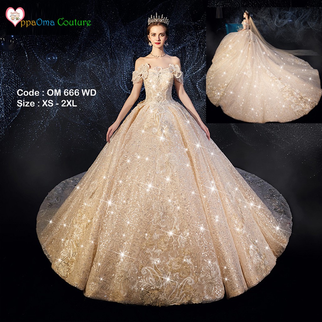 Jual Gaun pengantin emas ekor model putri kerajaan eropa OM 666 WD ...
